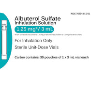 Albuterol Sulfate for Inhalation 1.25 mg Sterile Unit Dose Vials 3 mL ...
