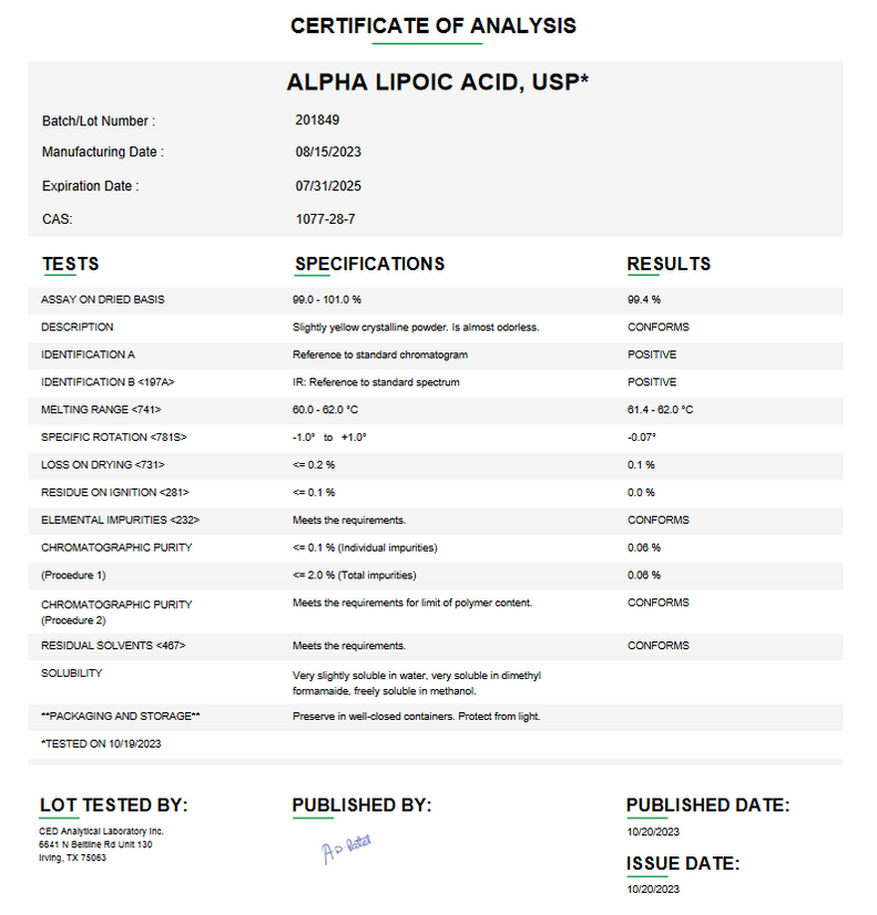 Alpha-lipoic Acid USP For Compounding (API) [Dietary Supplement ...