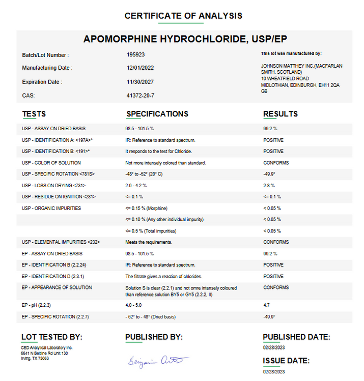 Apomorphine Hydrochloride API - Compounding Solutions — Mountainside ...