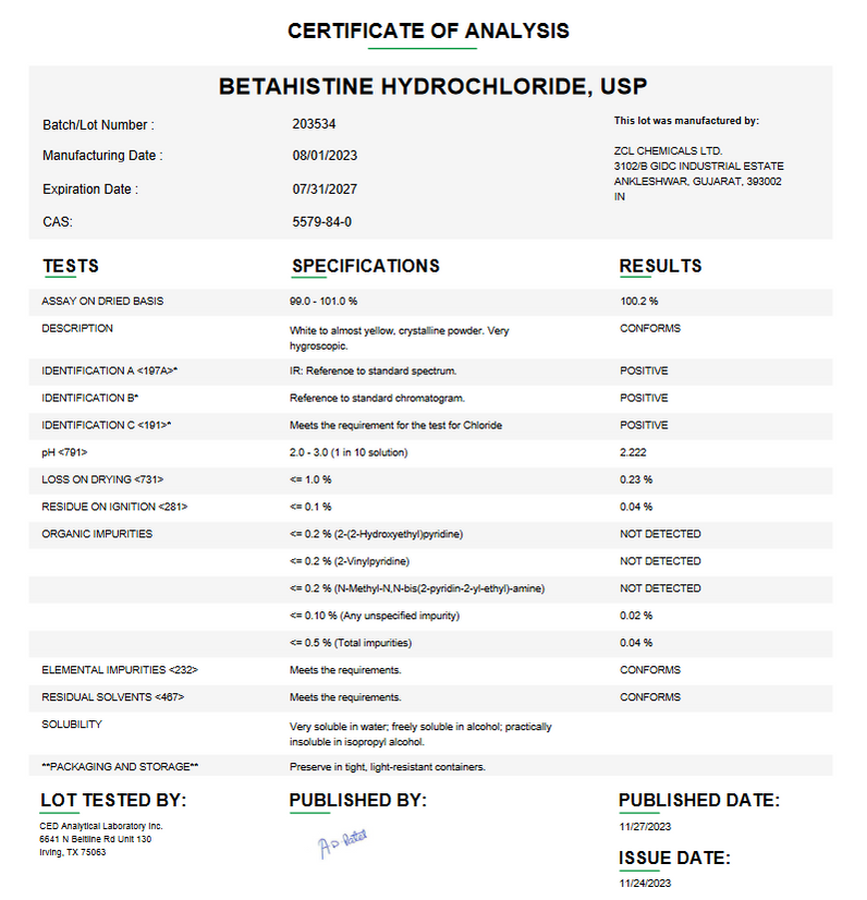 Betahistine Hydrochloride API - Vertigo & Balance Relief — Mountainside ...