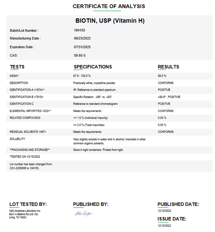 Biotin USP Vitamin H API - Hair, Nail, & Metabolic Support ...
