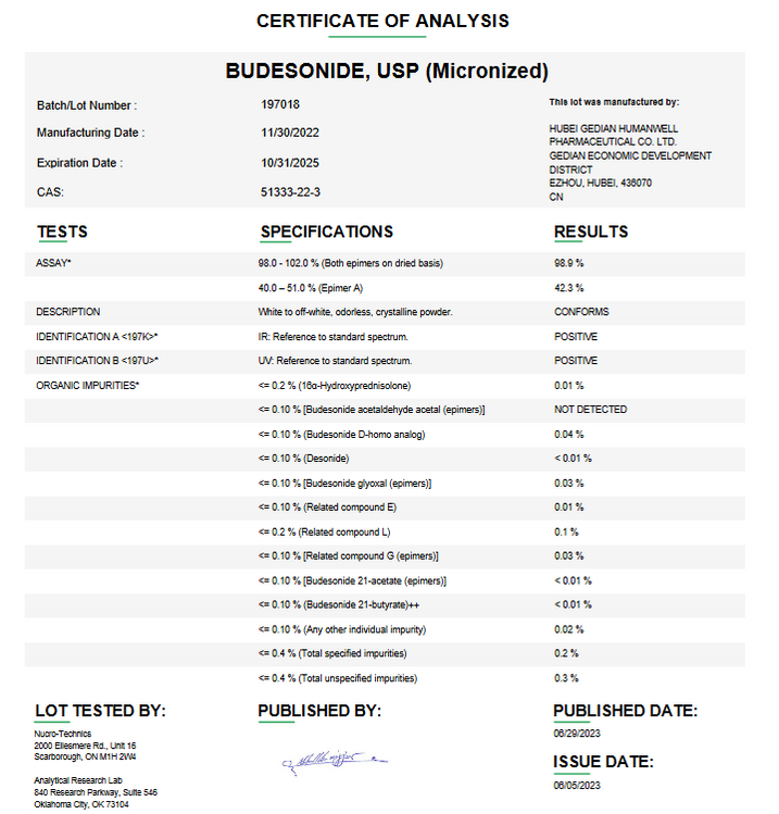 Budesonide USP (Micronized) For Compounding (API) — Mountainside Medical