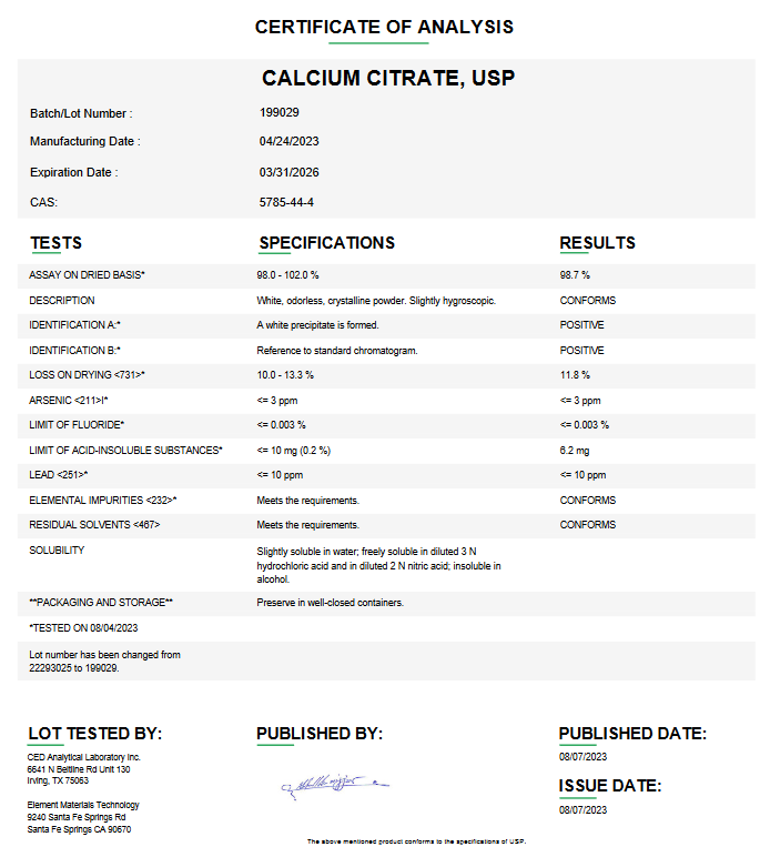 Calcium Citrate USP API - Bone Health Formulation — Mountainside
