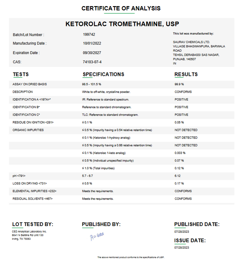Ketorolac USP API: Potent Pain Relief & Anti-Inflammatory ...