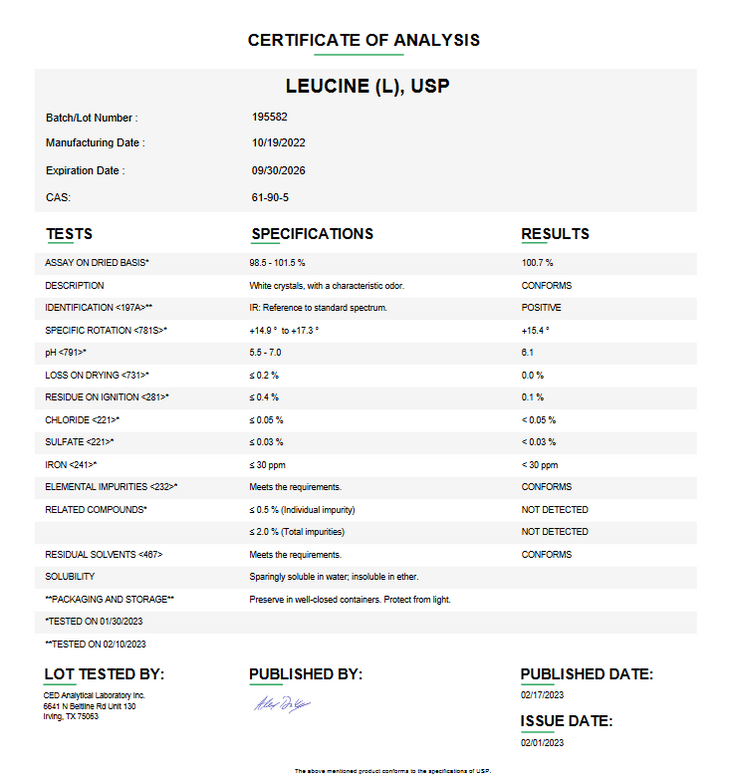 Leucine (L) USP For Compounding (API) — Mountainside Medical Equipment