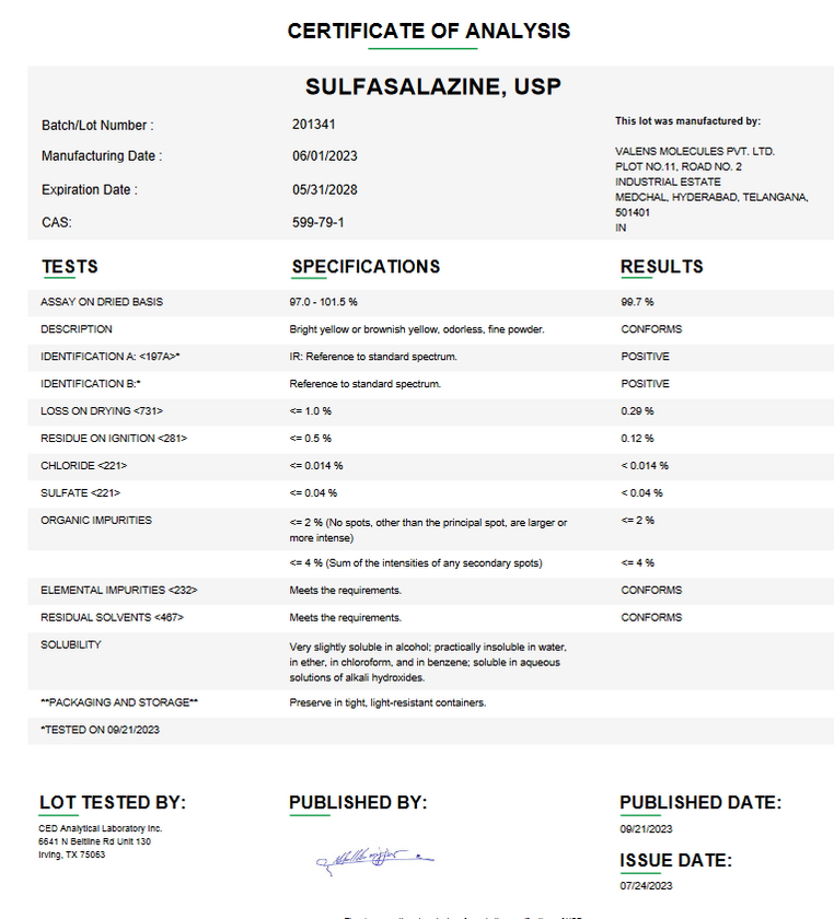 Sulfasalazine USP: Anti-inflammatory & Arthritis API — Mountainside Medical