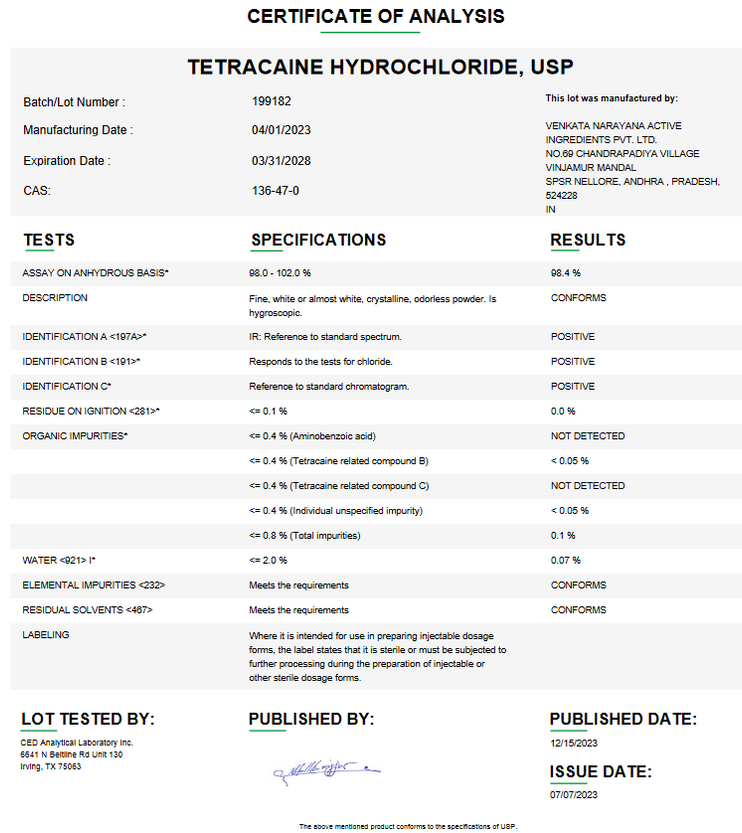 Tetracaine Hydrochloride USP (API) - Fast Delivery Near You ...