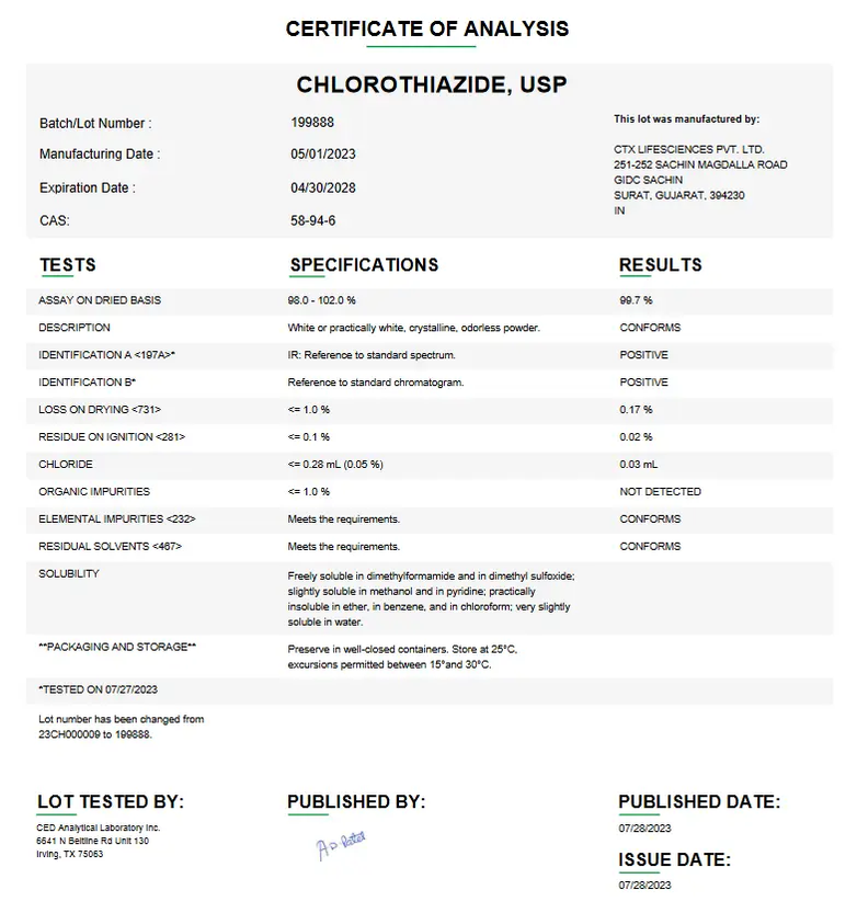 Chlorothiazide USP API - Diuretic & Hypertension Solutions ...