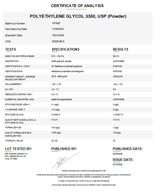 Polyethylene Glycol 3350 (PEG-75): Digestive Health API — Mountainside ...