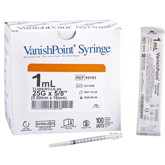 VanishPoint 25 gauge x 5/8 inch Retractable Tuberculin Syringe ...