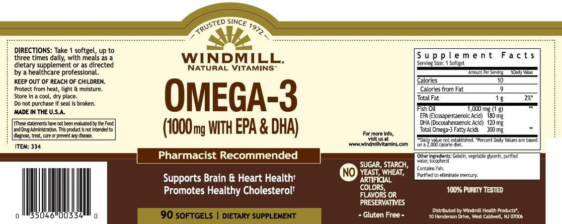 Windmill Omega 3 EPA & DHA Fish Oil, 1000 MG, 180 count — Mountainside ...