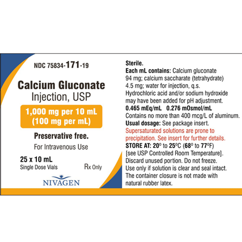 Calcium Gluconate for Injection 1000mg per 10 ml Vial — Mountainside ...