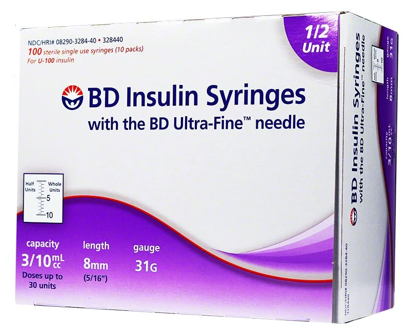 Ultra-Fine Insulin Syringe 31 Gauge 3/10cc 5/16 inch Short Needle-1/2 ...