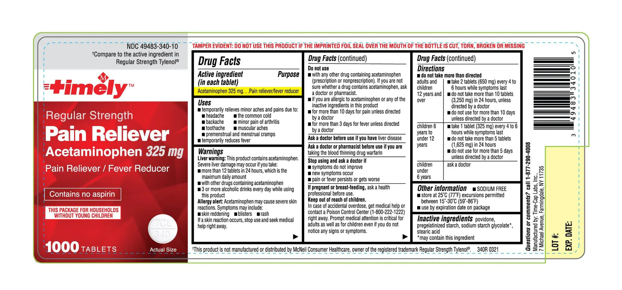 Acetaminophen 325 mg Tablets 1000 Bulk Bottle — Mountainside Medical